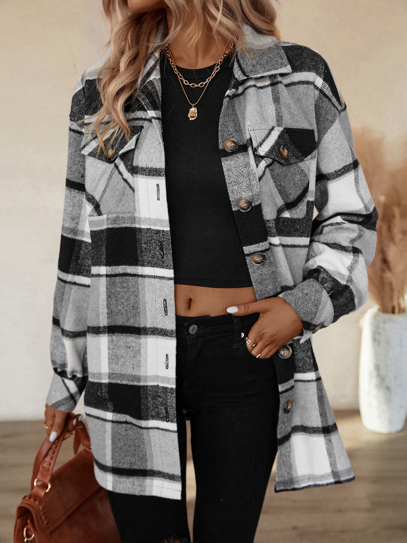 Plaid Flap Pocket Drop Shoulder Coat