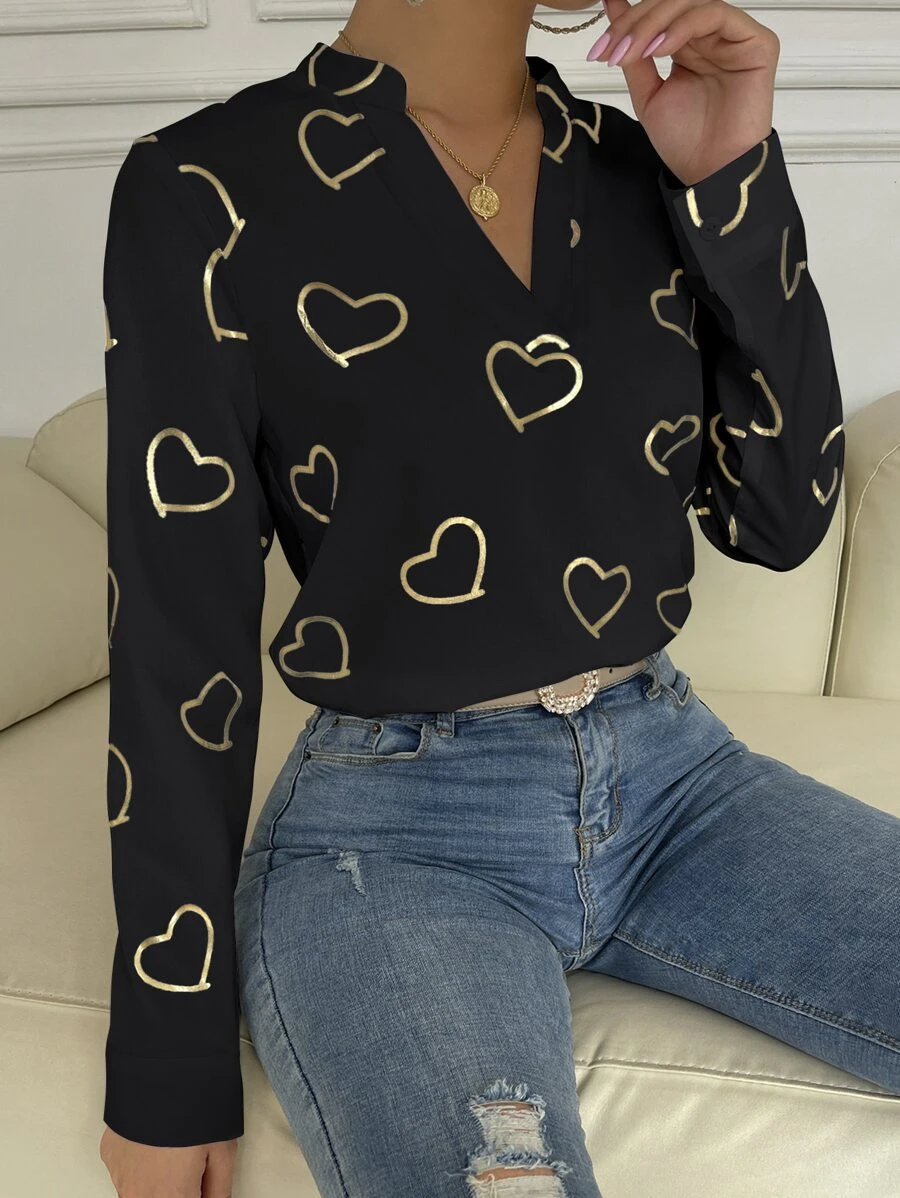 SHEIN LUNE Heart Print Notched Neck Blouse,Long Sleeve Tops | SHEIN USA