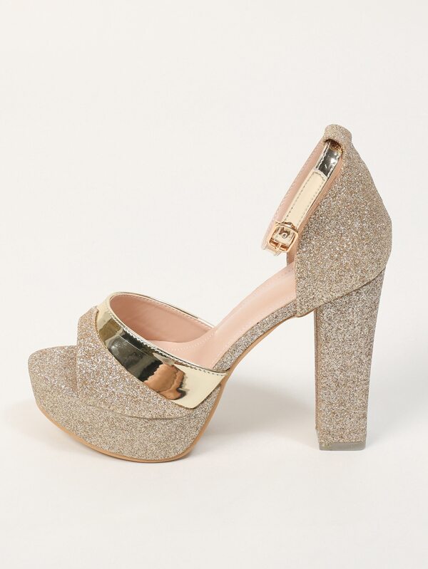 Metallic Glitter Platform Chunky Heeled Ankle Strap Pumps | SHEIN USA