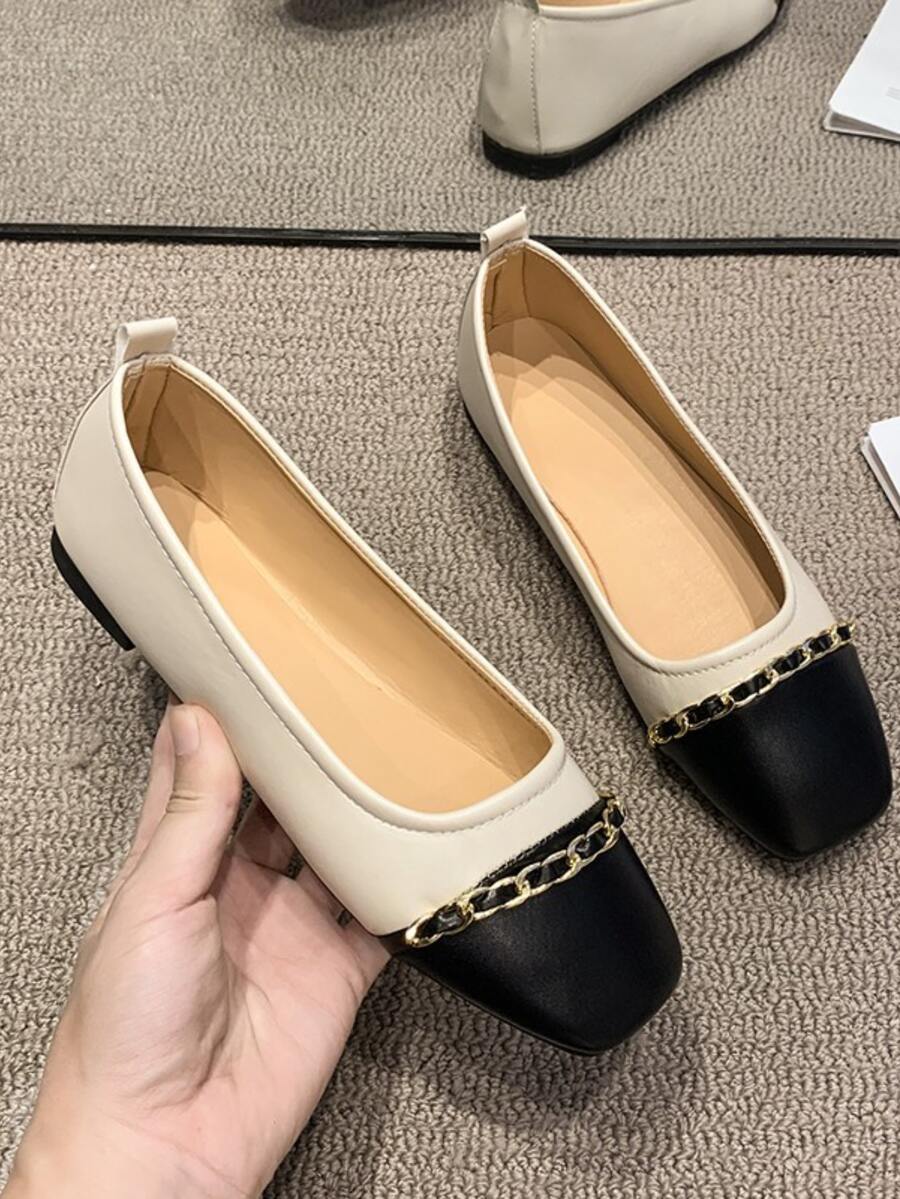 Two Tone Chain Decor Square Toe Ballet Flats | SHEIN USA