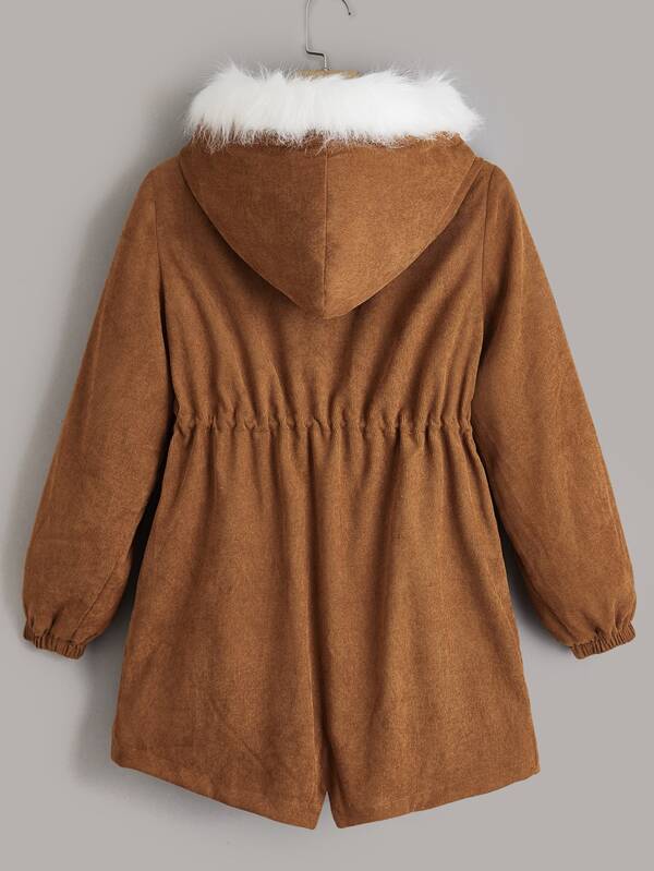 SHEIN EZwear Drawstring Waist Fuzzy Trim Hooded Corduroy Parka Coat ...
