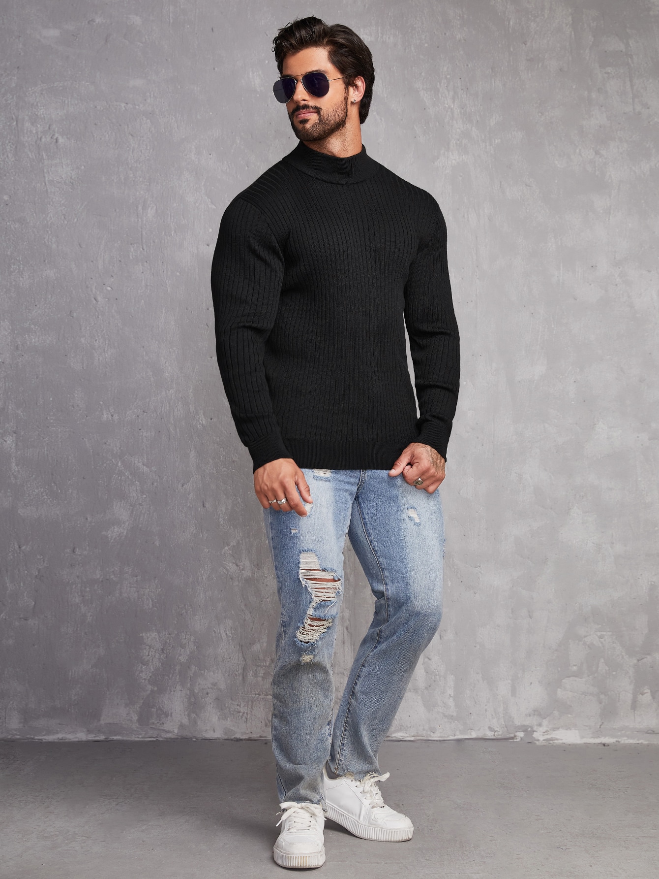 Manfinity Homme Pull à col montant côtelé | Mode en ligne | SHEIN FRANCE