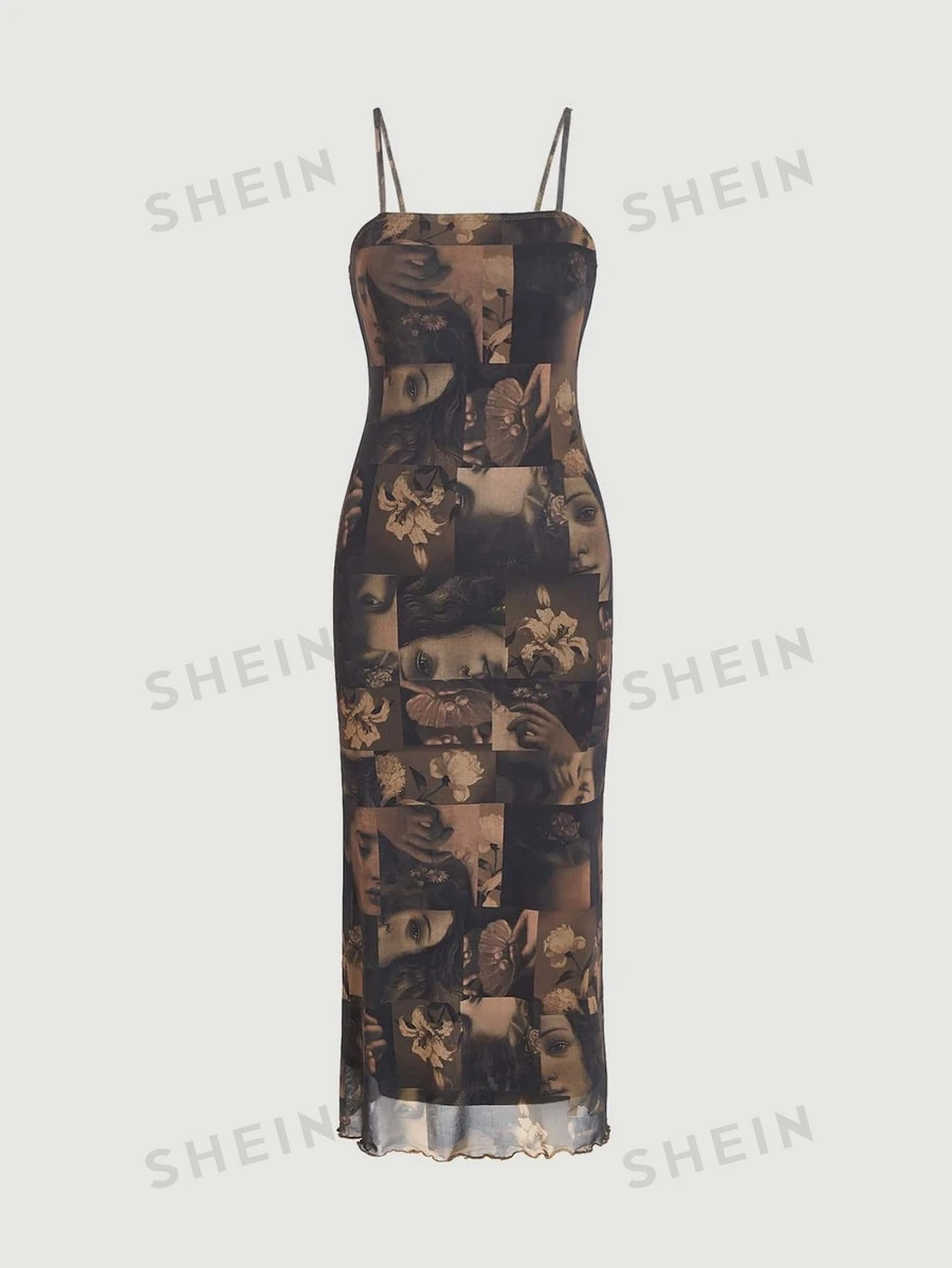 SHEIN MOD Figure & Floral Print Mesh Cami Dress | SHEIN UK