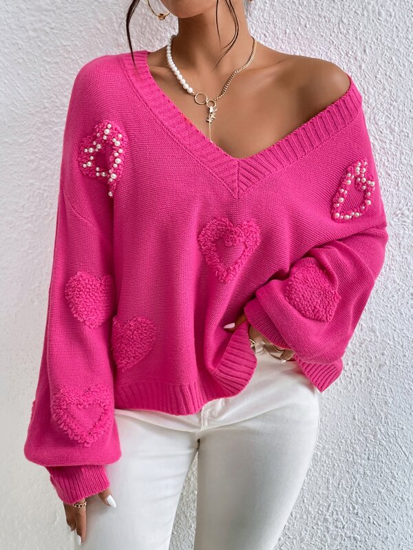 Shein Privé Pearls Heart Detail V Neck Drop Shoulder Sweater Shein Usa
