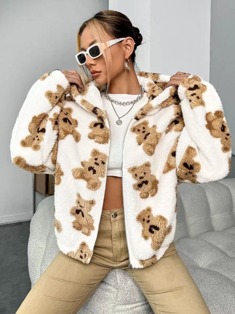 SHEIN EZwear Bear Pattern Drop Shoulder 3D Ear Design Hooded Teddy Jacket | SHEIN USA