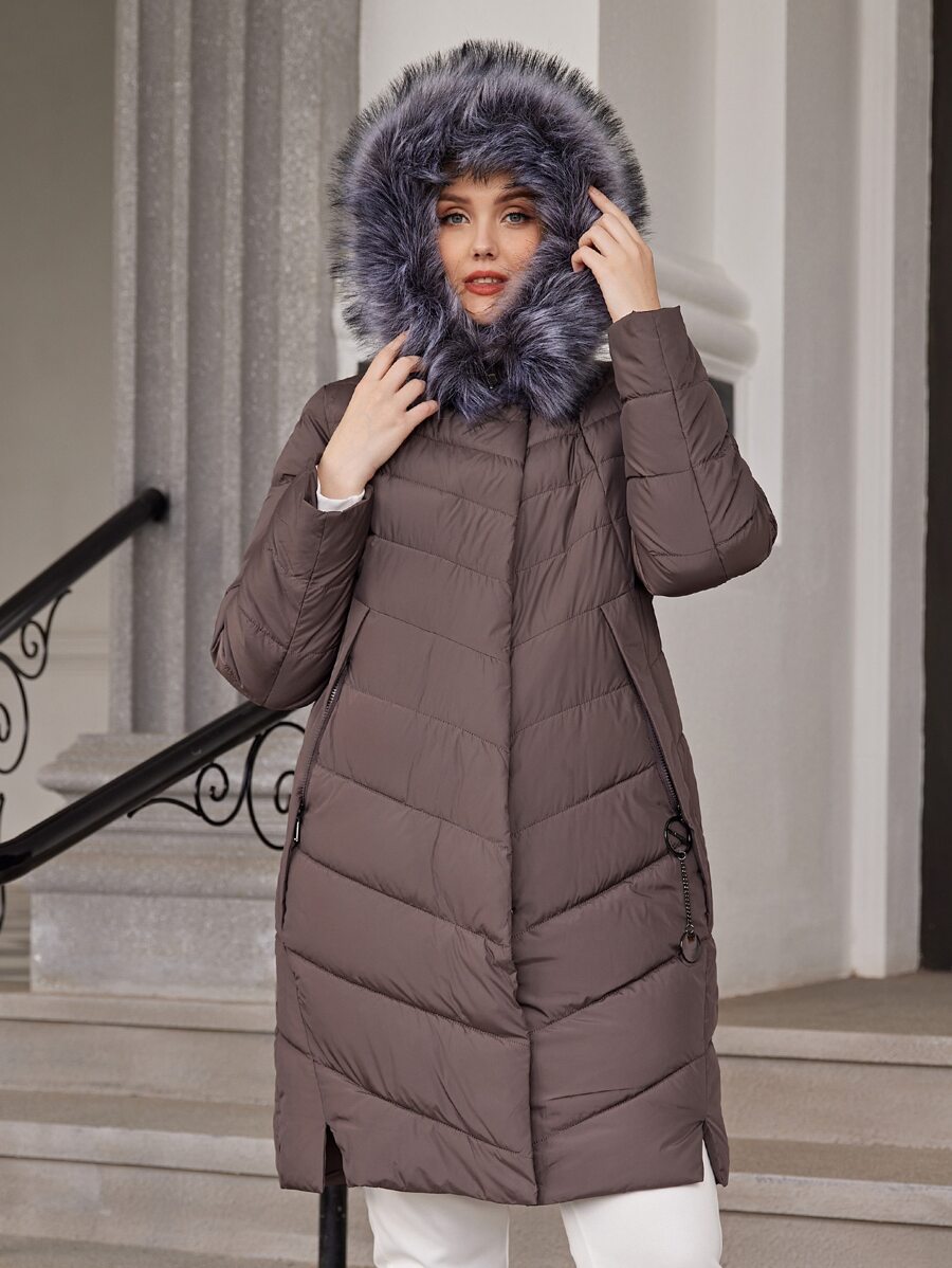 Astrid Astrid Plus Fuzzy Hooded Zip Up Padded Coat | SHEIN UK