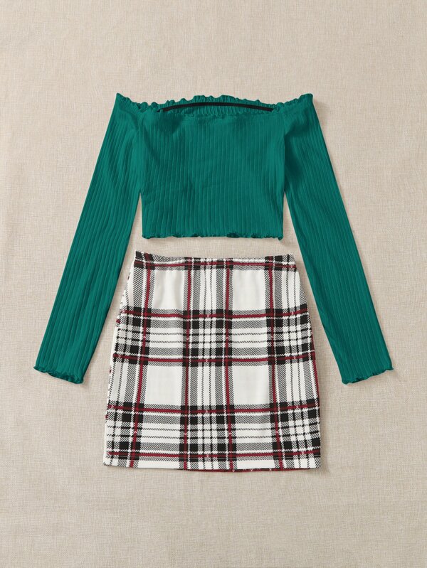SHEIN Off Shoulder Lettuce Edge Tee and Tartan Skirt Set | SHEIN USA