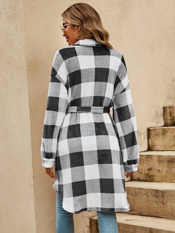 Shein Lune Buffalo Plaid Pattern Drop Shoulder Coat Shein Uk