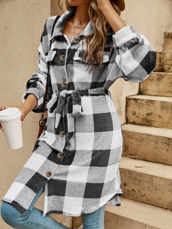 Shein Lune Buffalo Plaid Pattern Drop Shoulder Coat Shein Uk