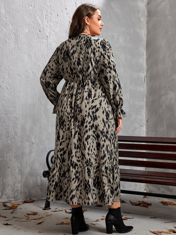 SHEIN Clasi Plus Allover Print Flounce Sleeve Ruffle Hem Dress Without Belt | SHEIN UK