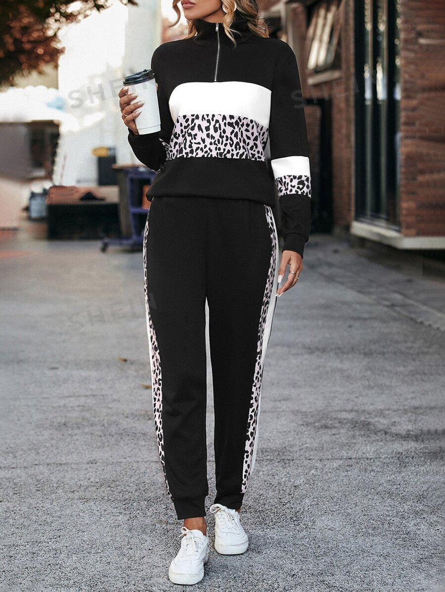 SHEIN LUNE Leopard Print Colorblock Half Zip Sweatshirt & Sweatpants ...