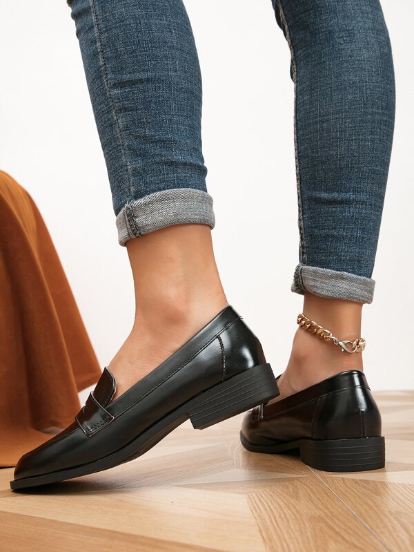 Women Black Minimalist Flat Penny Loafers, Elegant Point Toe Flats ...