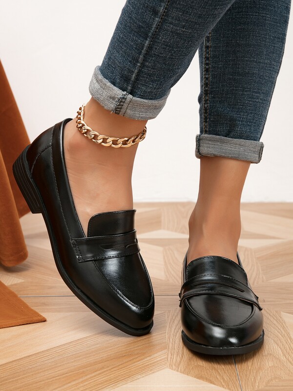 Women Black Minimalist Flat Penny Loafers, Elegant Point Toe Flats ...