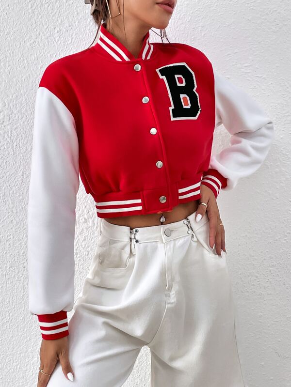 Letter Patched Detail Striped Trim Drop Shoulder Crop Varsity Jacket ...