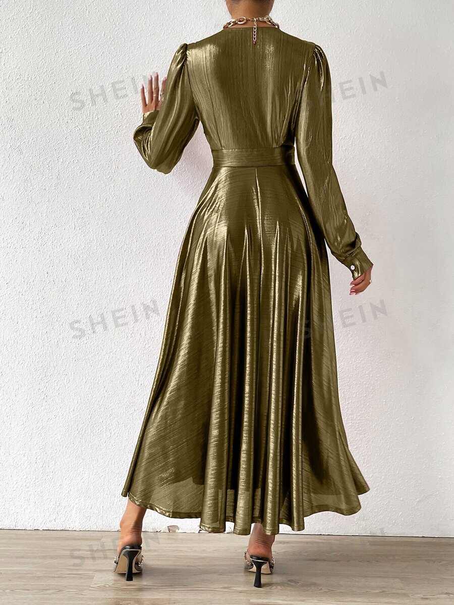 Shein Unity Vestido De Cuello Profundo De Manga Farol De Color Metálico