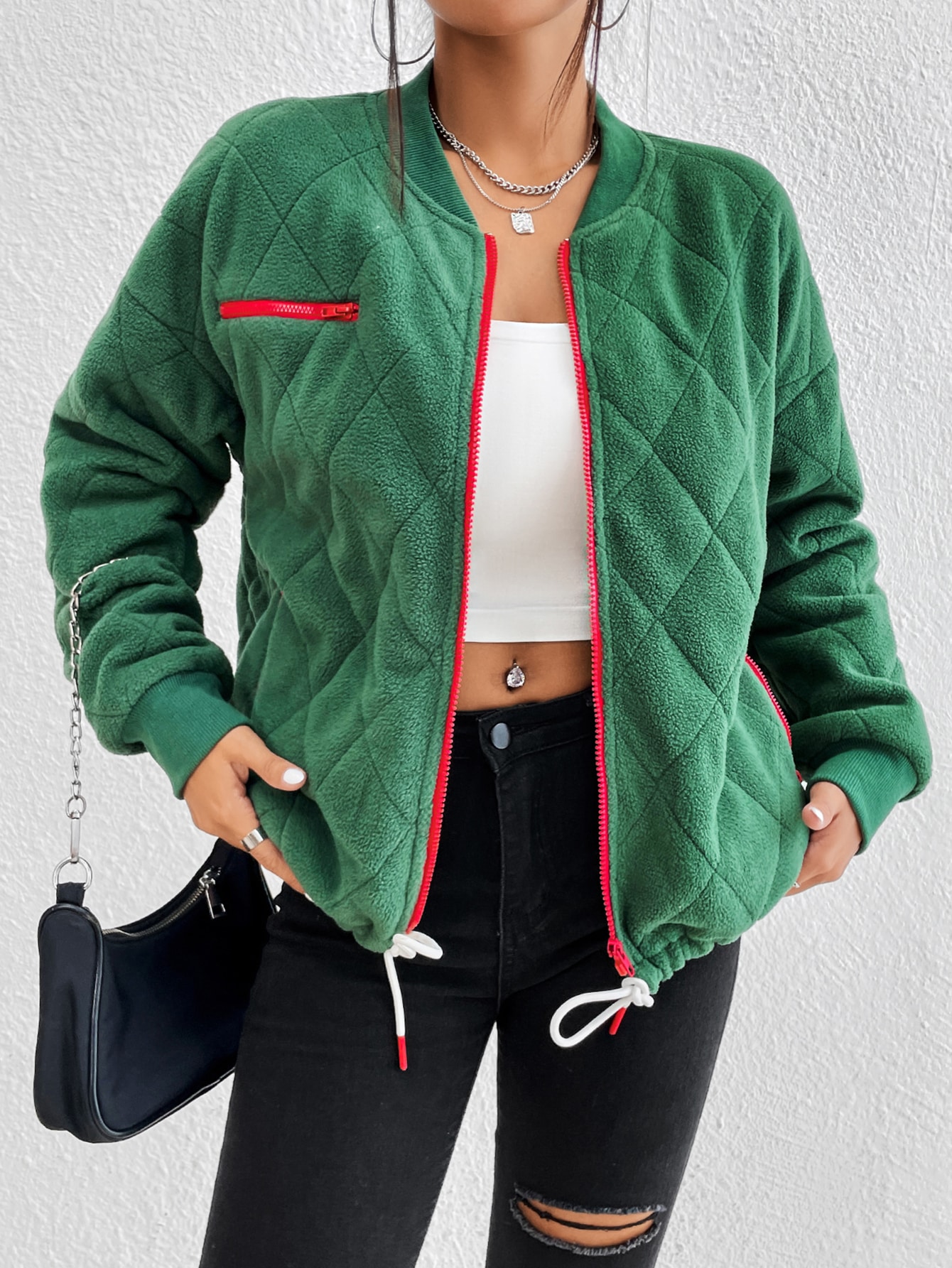 SHEIN EZwear Drop Shoulder Drawstring Hem Quilted Fleece Bomber Jacket ...