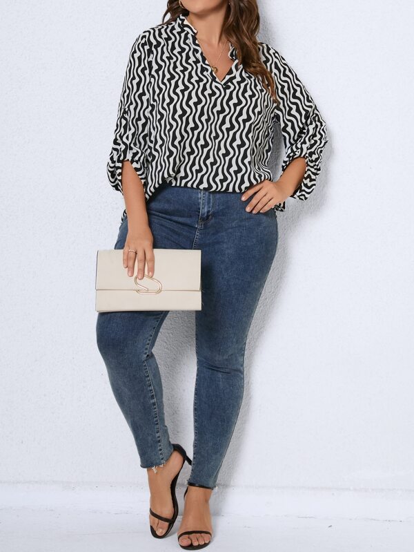 Shein Privé Plus Allover Print Notched Neck Roll Tab Sleeve Blouse