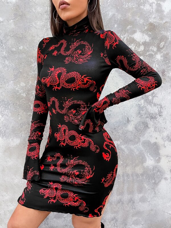 SHEIN ICON Chinese Dragon Print Flounce Sleeve Bodycon Dress | SHEIN USA