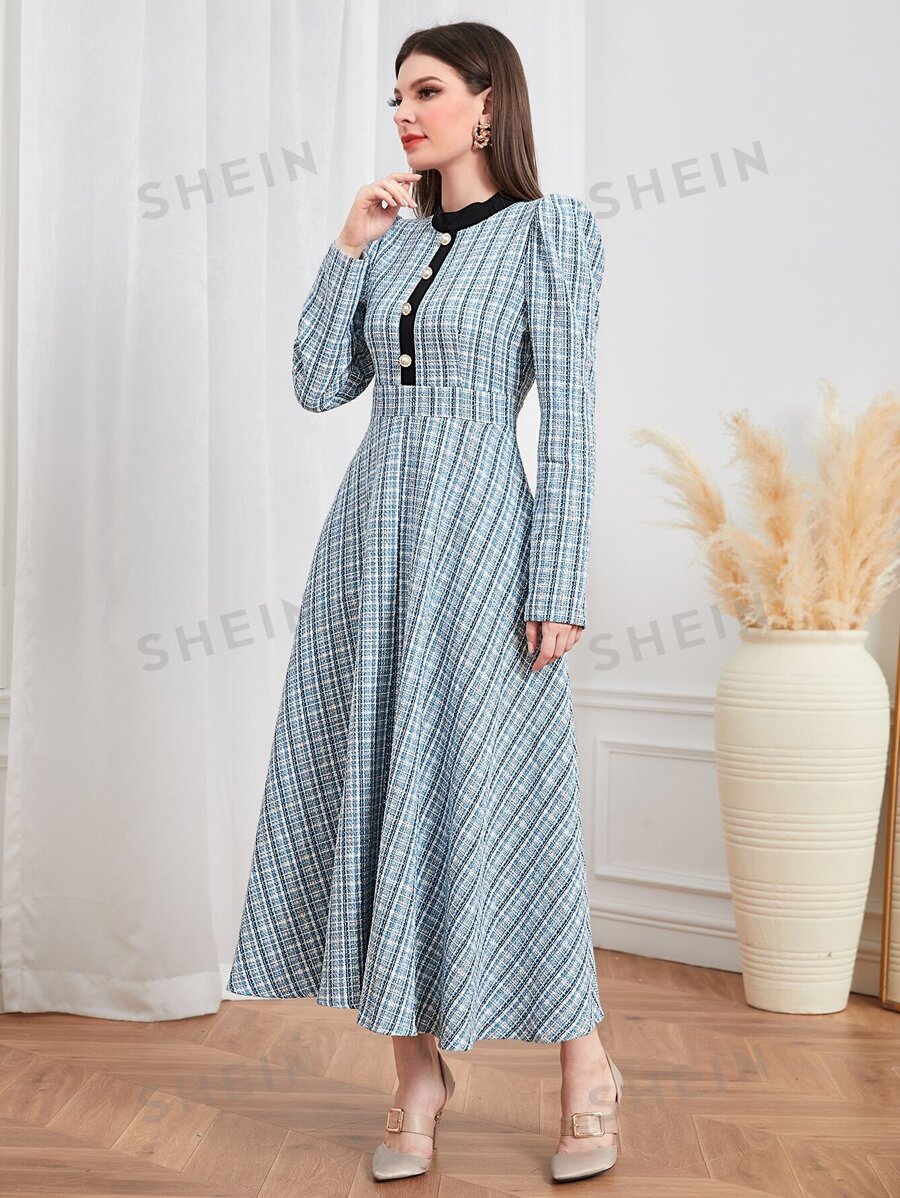 SHEIN Modely Plaid Print Puff Sleeve Dress | SHEIN UK