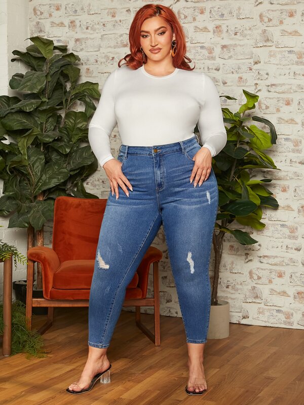 SHEIN FIT+ Plus Ripped Skinny Jeans | SHEIN USA