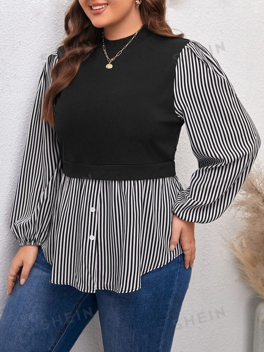 SHEIN Essnce Plus Striped Print Lantern Sleeve 2 In 1 Top | SHEIN USA
