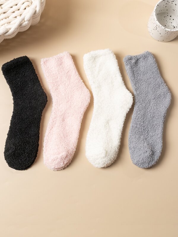 4pairs Solid Fluffy Crew Socks | SHEIN USA