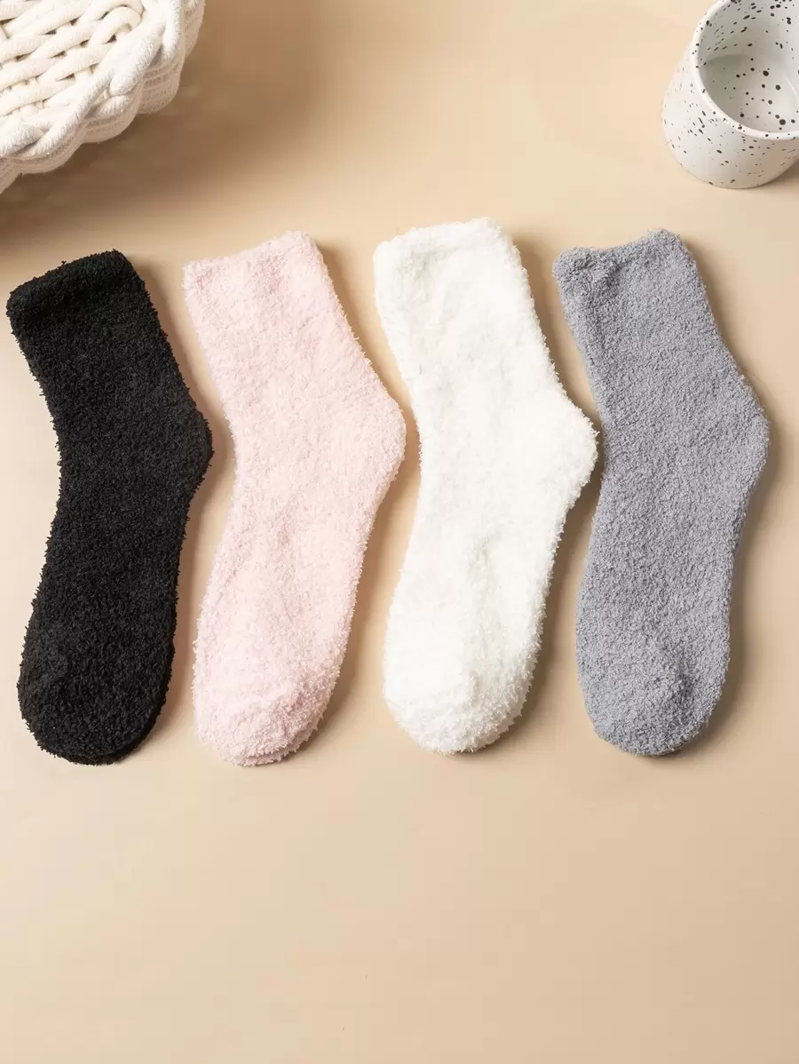 4pairs Solid Fluffy Crew Socks | SHEIN USA