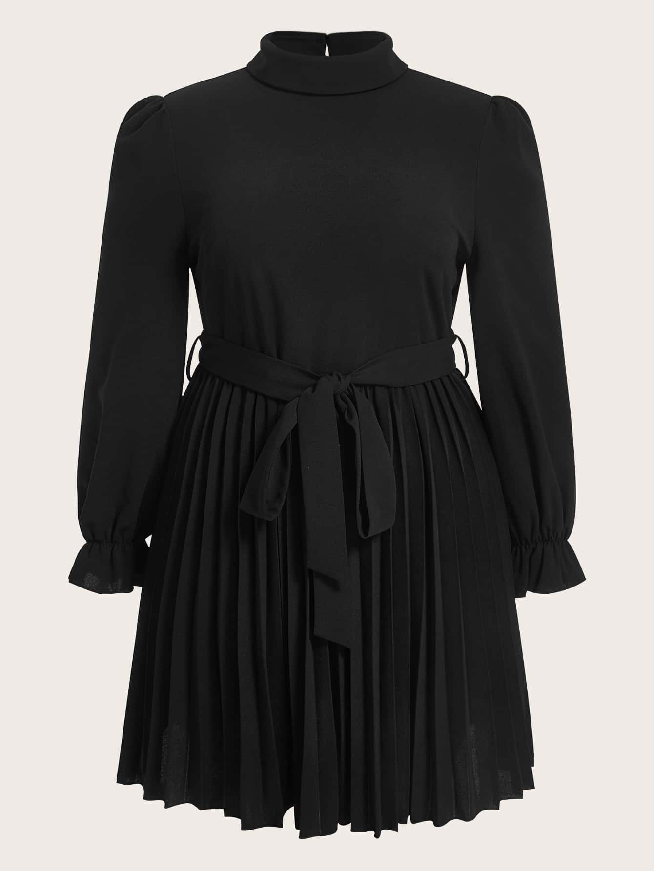 Shein Privé Plus Mock Neck Flounce Sleeve Pleated Hem Belted Dress