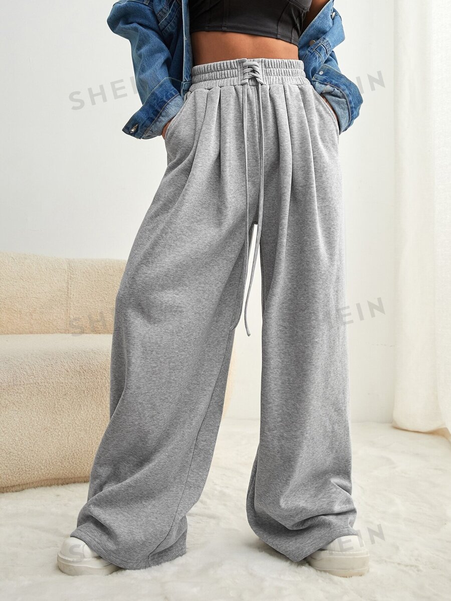 SHEIN EZwear Lace Up Waist Wide Leg Sweatpants | SHEIN USA