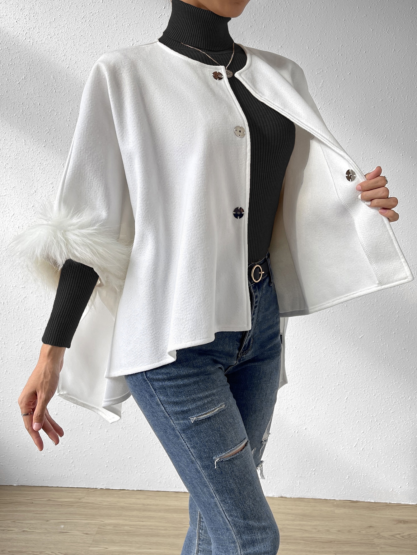 Fuzzy Cuff Batwing Sleeve Overcoat | SHEIN USA