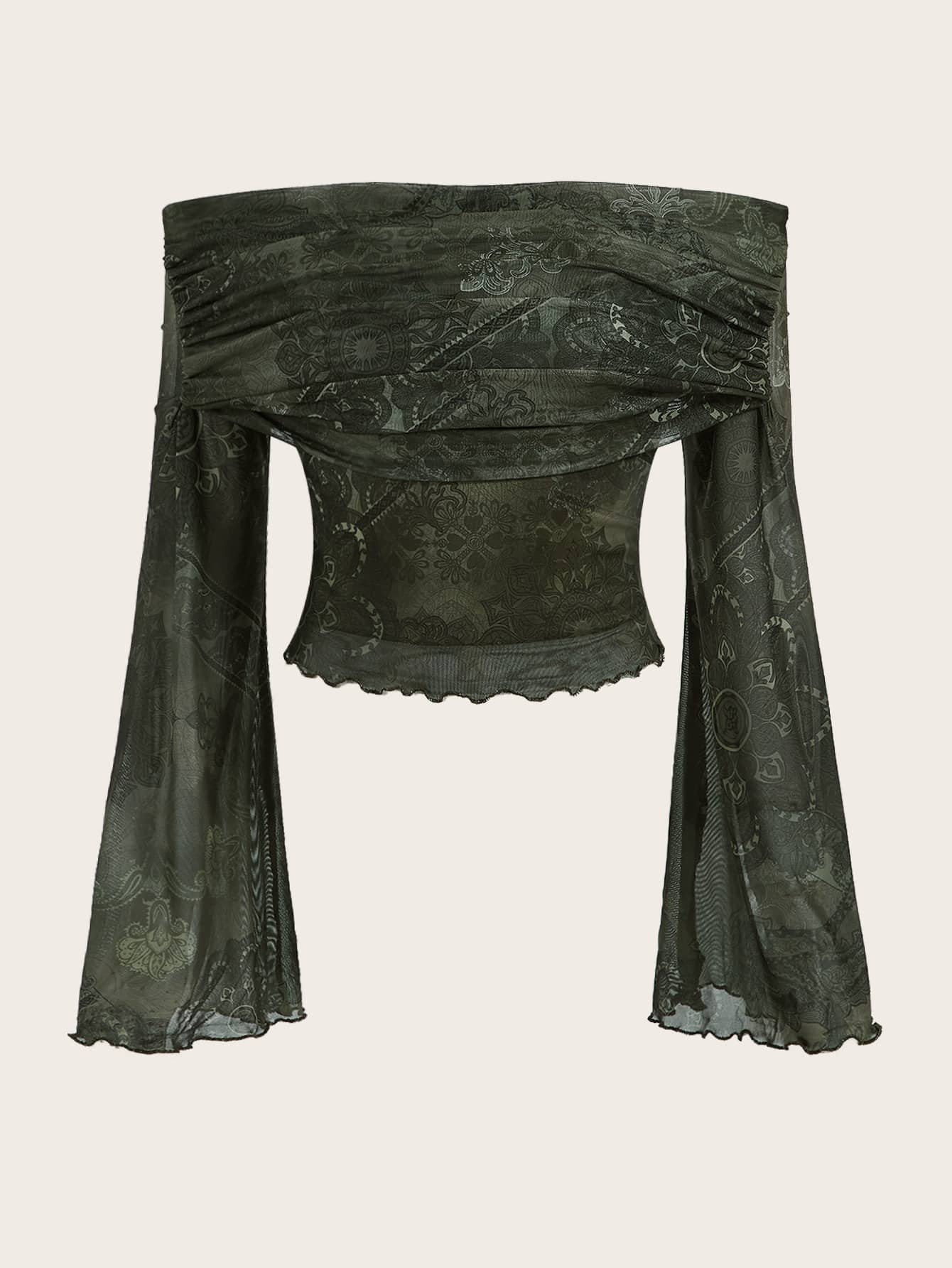 SHEIN Floral Print Off Shoulder Trumpet Sleeve Crop Mesh Top