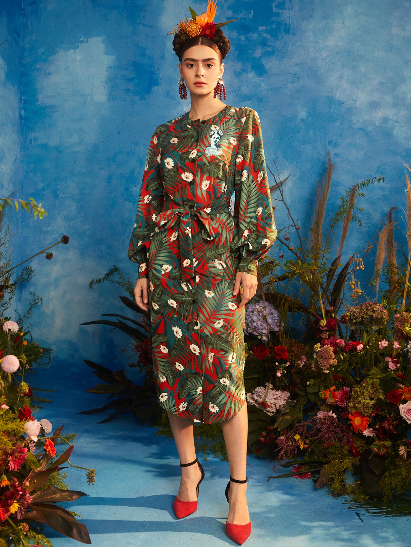 Frida Kahlo X SHEIN Figure & Tropical Print Self Belted Dress | SHEIN UK