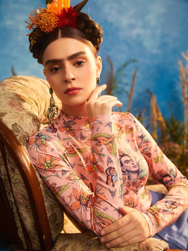 Frida Kahlo X Shein Mock Neck Figure And Floral Print Tee Shein Uk