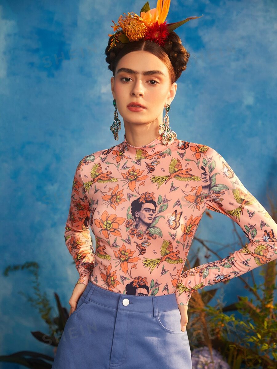 Frida Kahlo X Shein Mock Neck Figure And Floral Print Tee Shein Usa