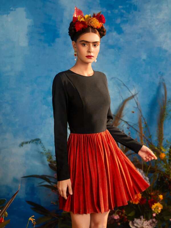Frida Kahlo X Shein X Designer Floral Print Pleated Hem Dress Shein Usa