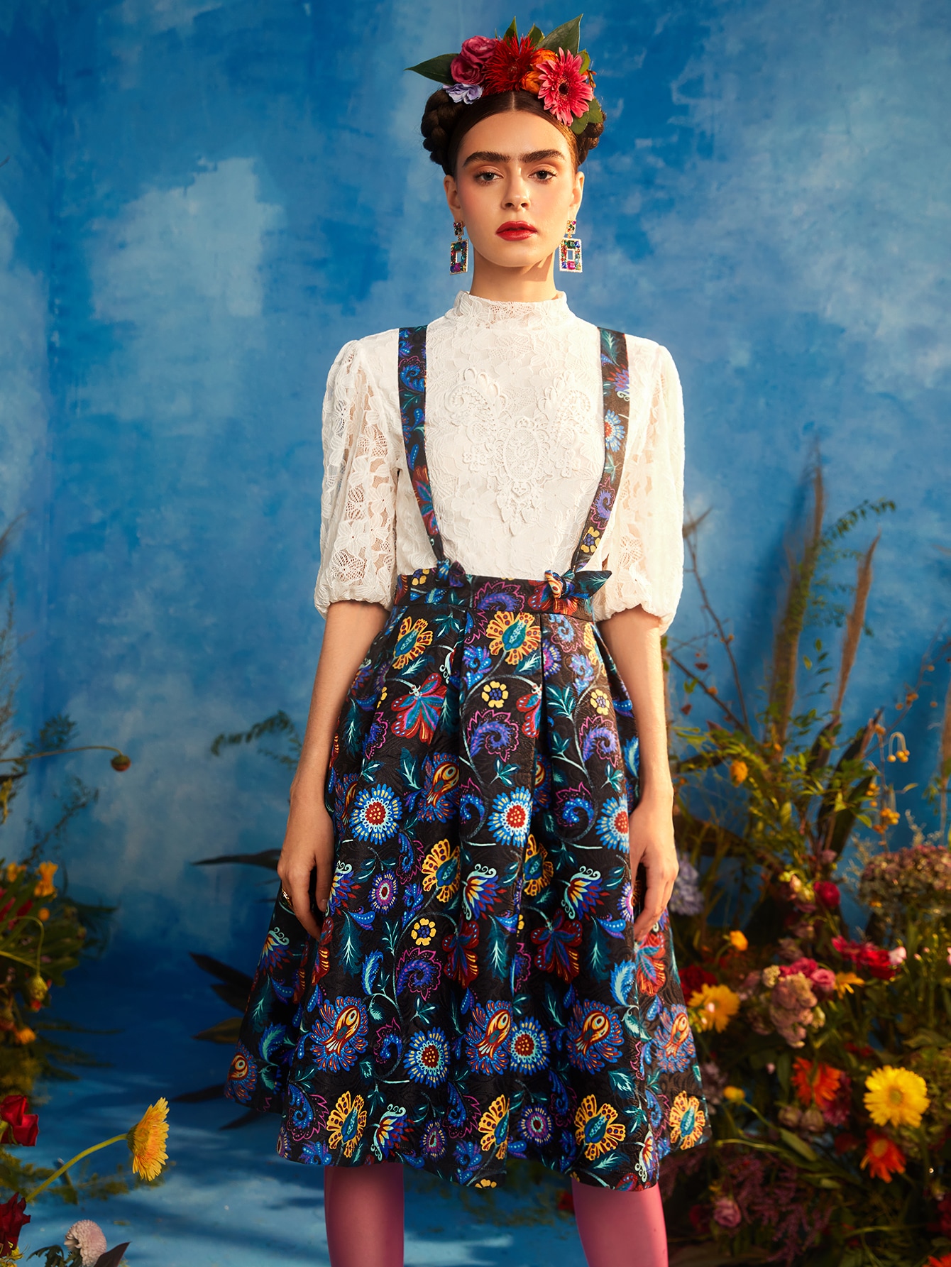 Frida Kahlo X Shein X Designer Shein X Cw2 Lace Puff Sleeve Blouse