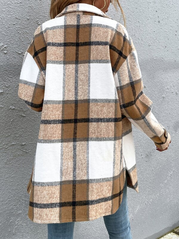 Plaid Print Flap Pocket Drop Shoulder Wool-Mix Fabric Overcoat | SHEIN