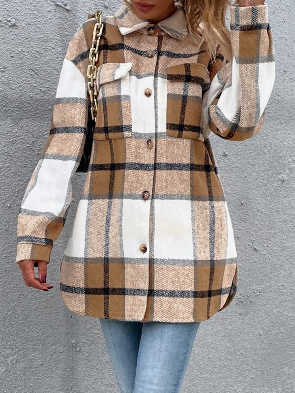 Plaid Print Flap Pocket Drop Shoulder Wool-Mix Fabric Overcoat | SHEIN