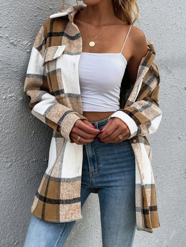 Plaid Print Flap Pocket Drop Shoulder Wool-Mix Fabric Overcoat | SHEIN