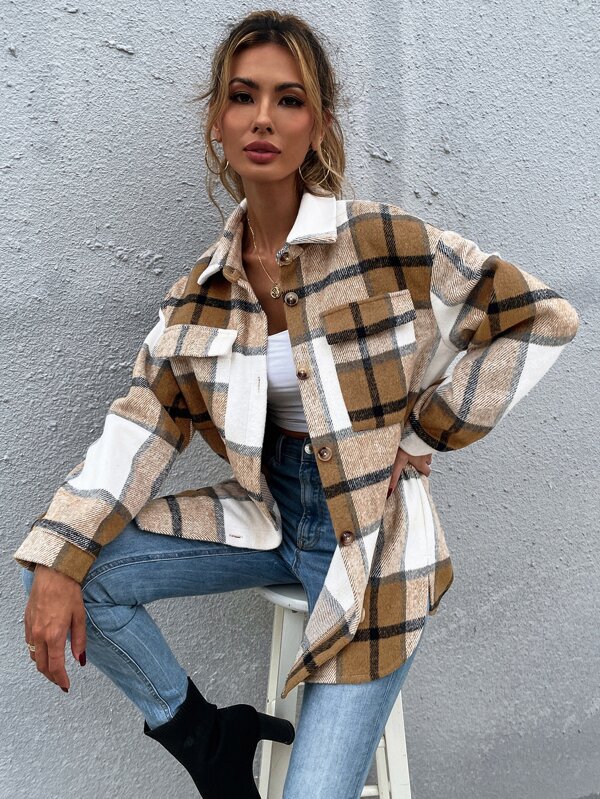 Plaid Print Flap Pocket Drop Shoulder Wool-Mix Fabric Overcoat | SHEIN