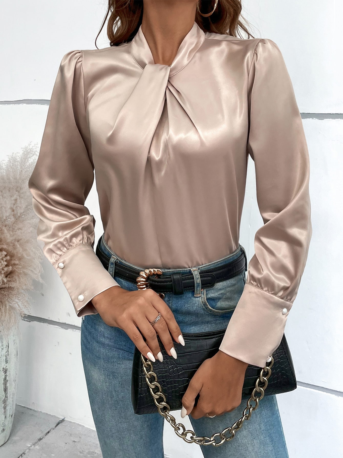 SHEIN BAE Solid Twist Front Satin Blouse | SHEIN USA
