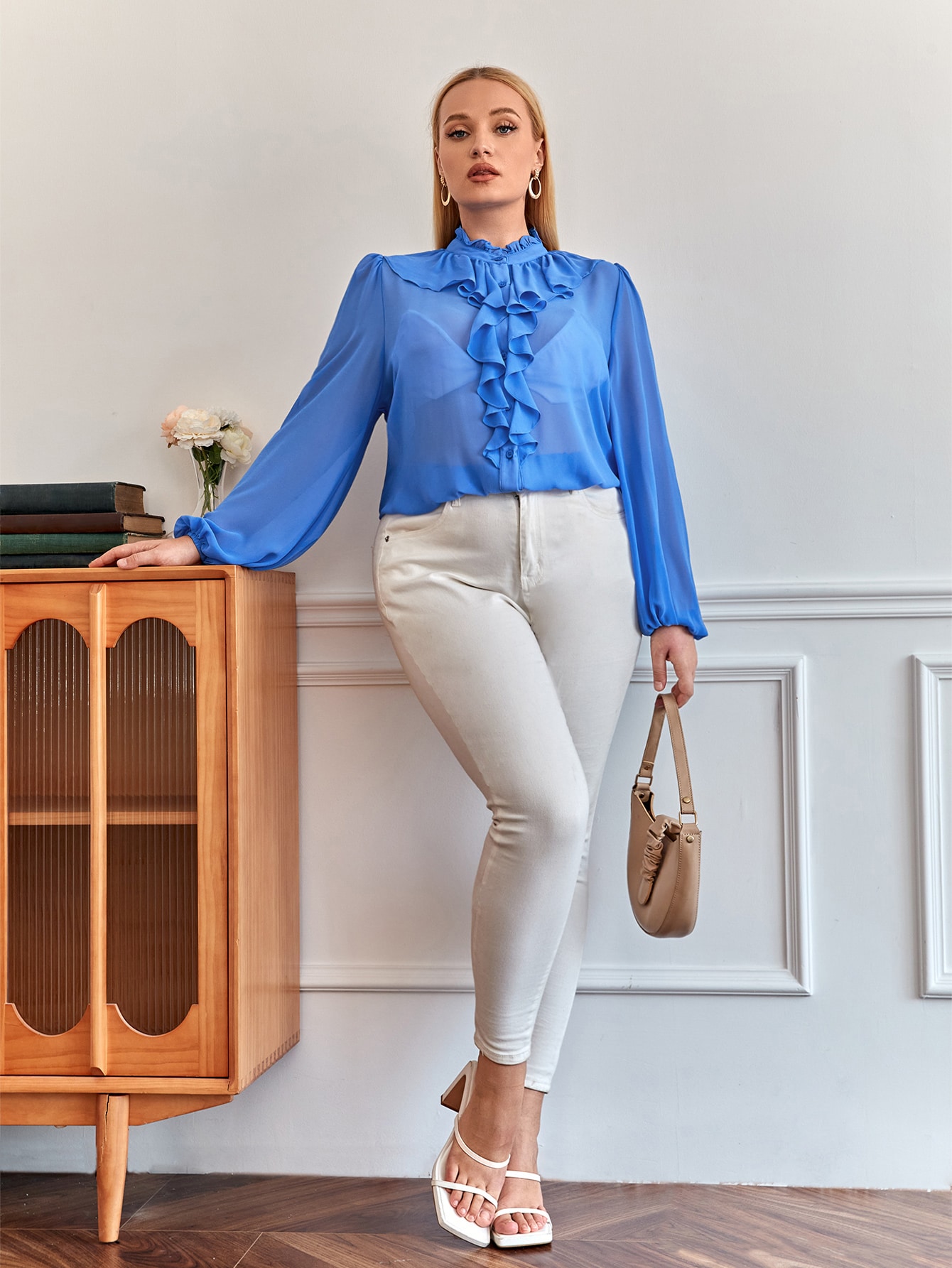 Plus Ruffle Trim Lantern Sleeve Sheer Blouse Without Bra | SHEIN USA