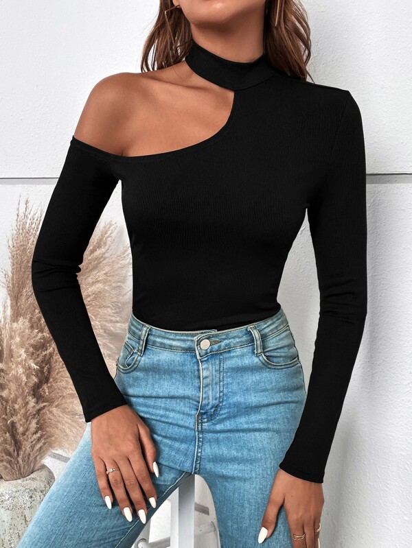 SHEIN BAE Asymmetrical Neck Ribbed Knit Tee | SHEIN UK