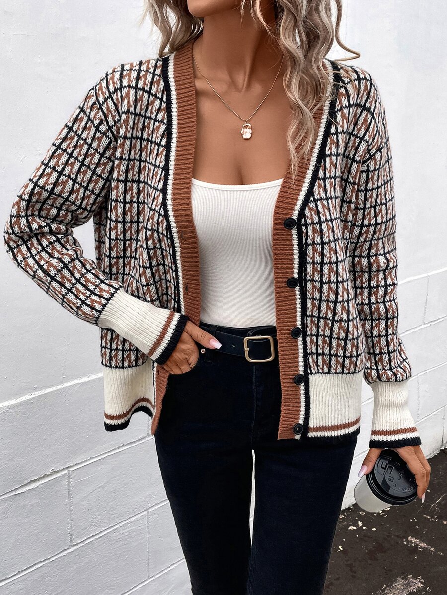 SHEIN LUNE Plaid Pattern Drop Shoulder Cardigan | SHEIN USA