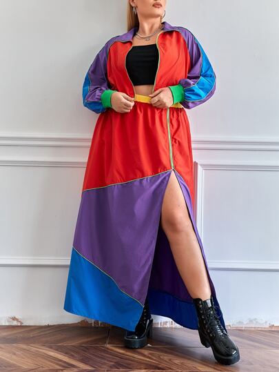 PaintbyShawnDenise Plus Colorblock Drop Shoulder Jacket & Split Thigh ...