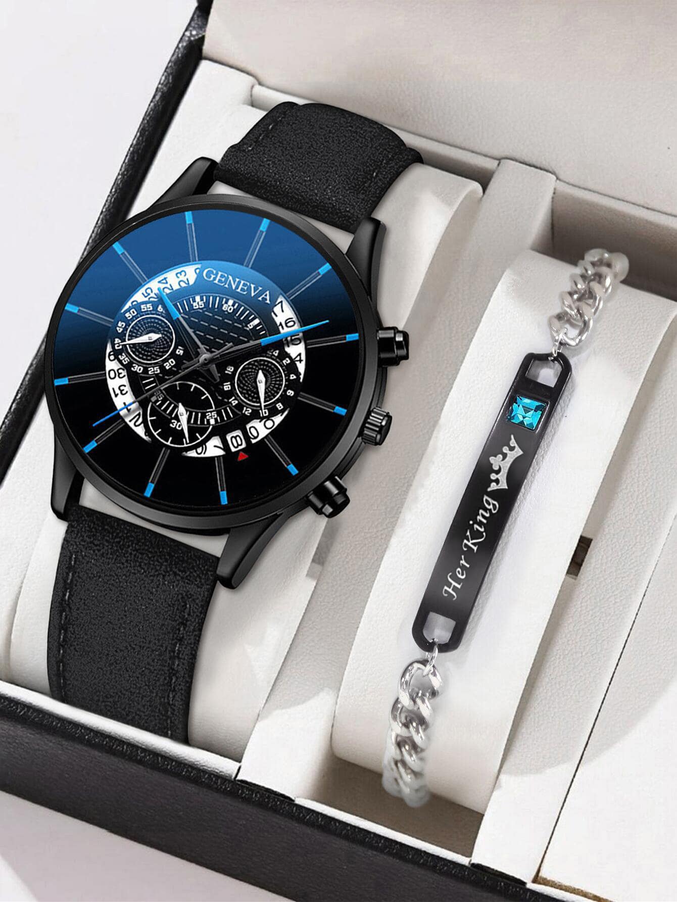 1pc Men Round Pointer Quartz Watch & 1pc Bracelet