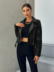 SHEIN Privé Zip Up Belted PU Leather Moto Jacket | SHEIN USA
