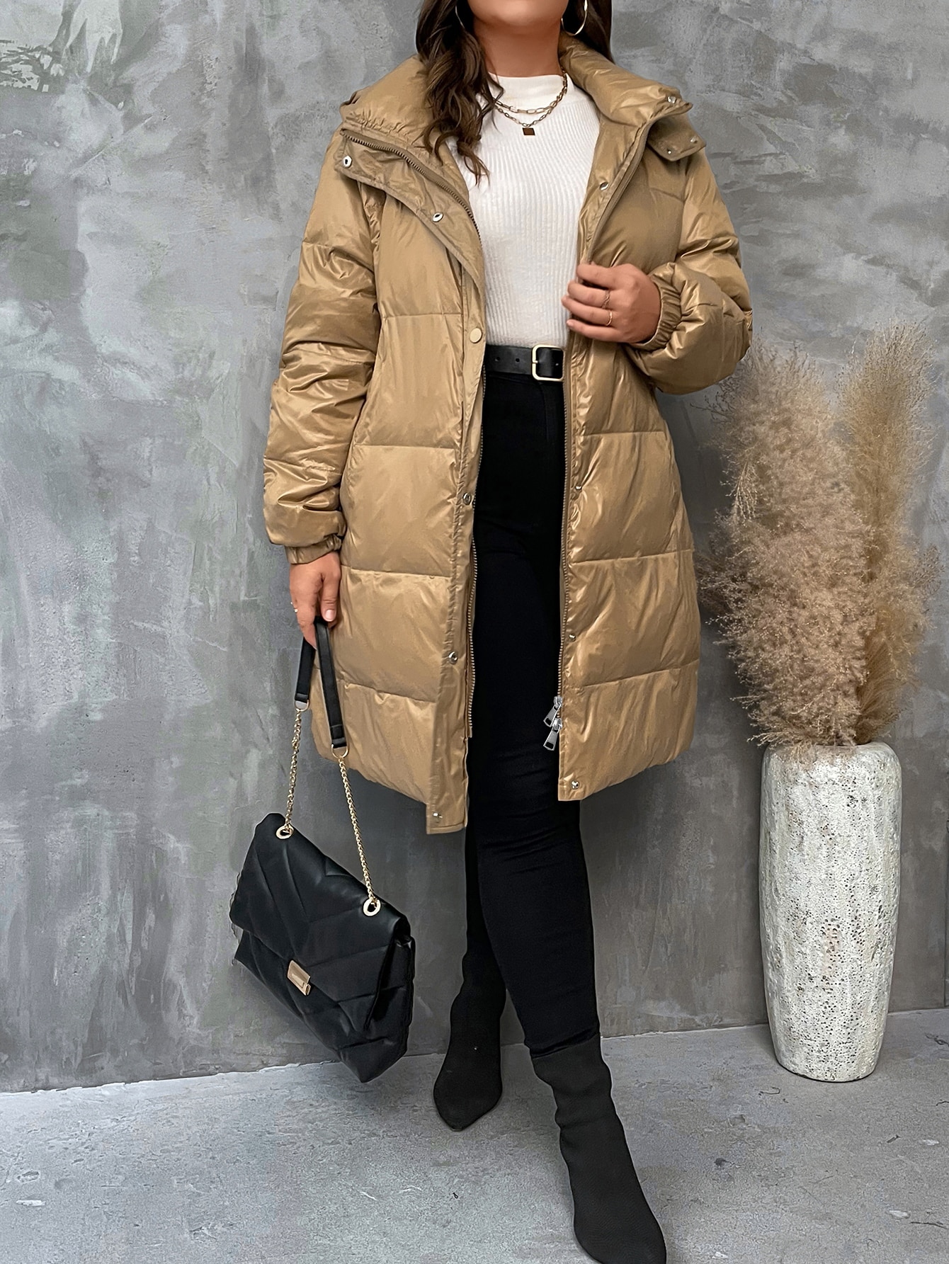 Plus Zip Up Snap Button Hooded Down Coat | SHEIN USA