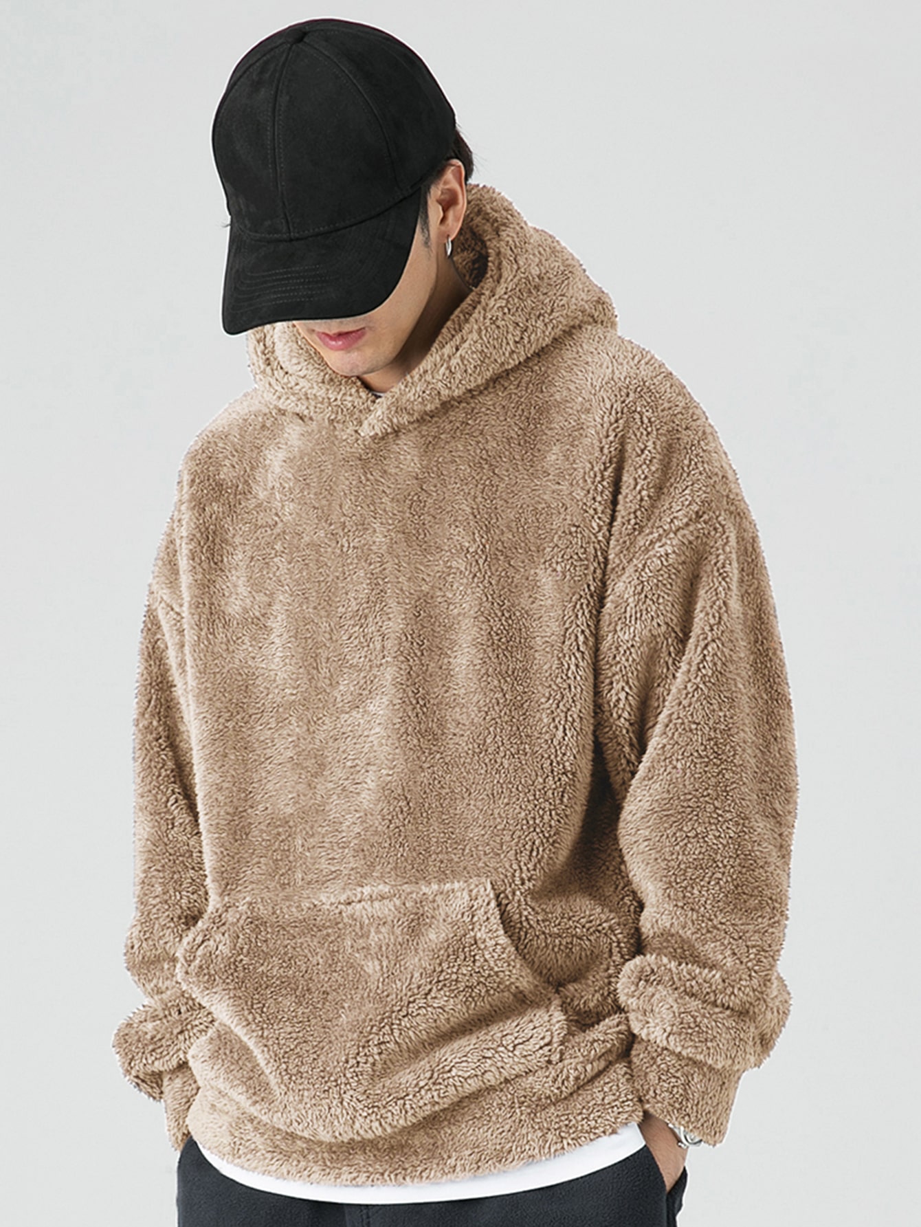 Manfinity Basics Men Drop Shoulder Kangaroo Pocket Teddy Hoodie Shein Usa