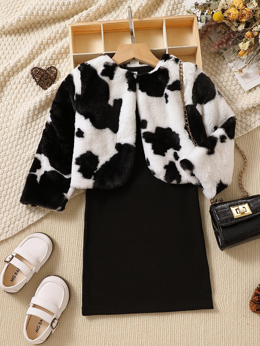 Toddler Girls Cow Print Crop Jacket & Tank Dress | SHEIN USA